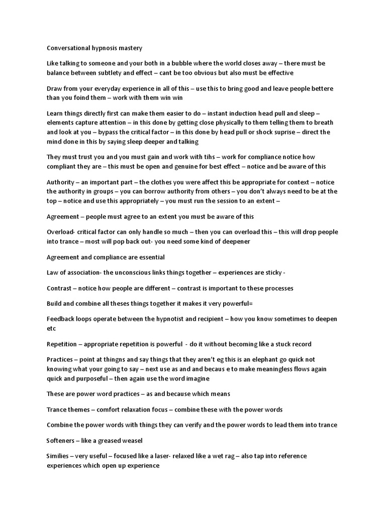 Conversational Hypnosis Mastery Notes | Hypnosis | Body Language
