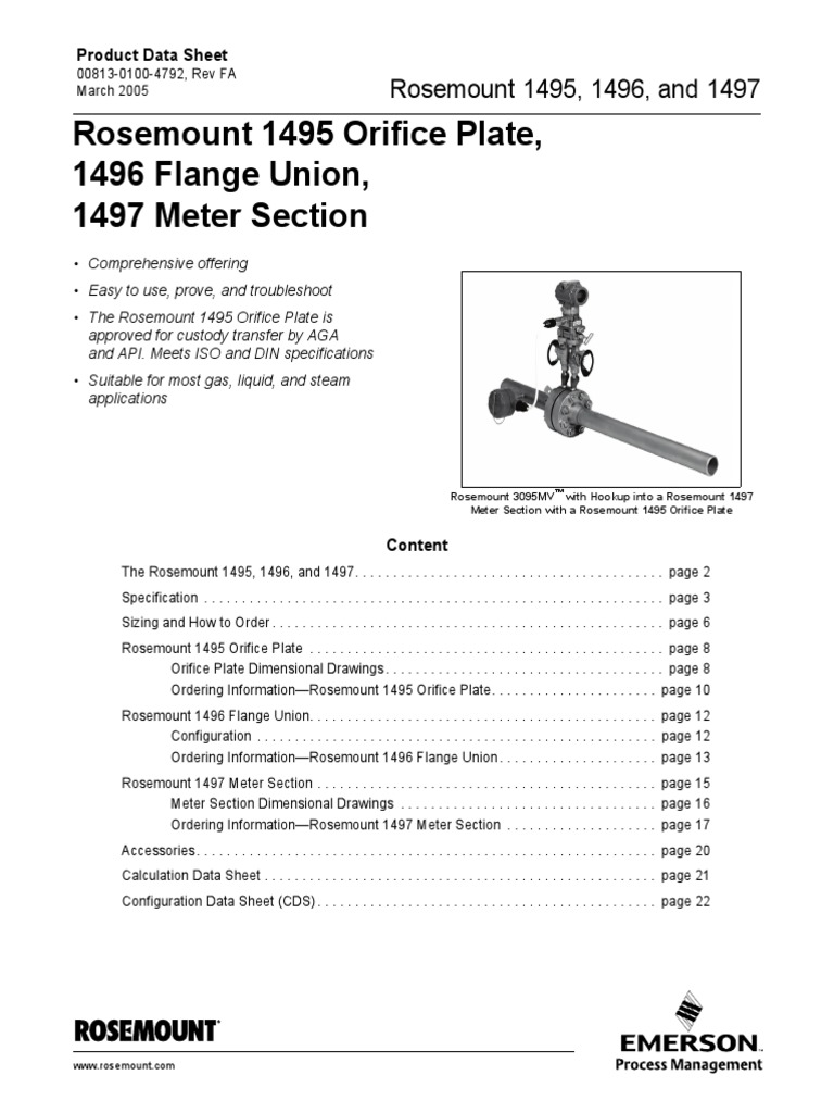 Rosemount 1495 Orifice Plate, 1496 Flange Union, 1497 Meter Section ...