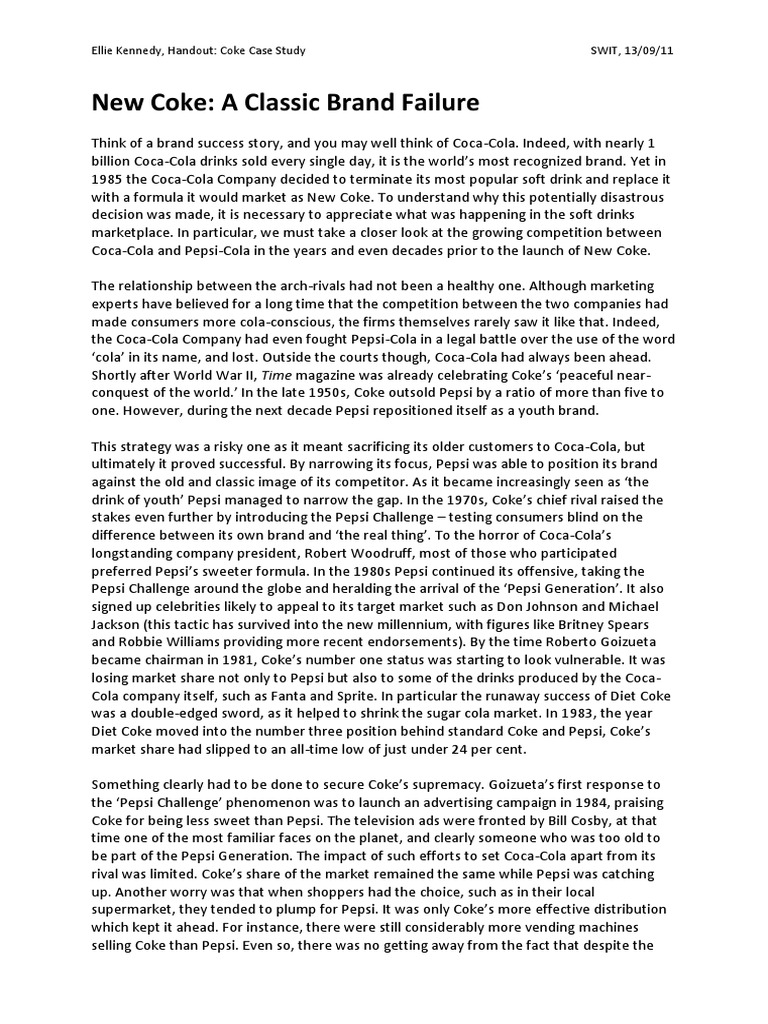New Coke: A Classic Brand Failure: Ellie Kennedy, Handout: Coke Case ...