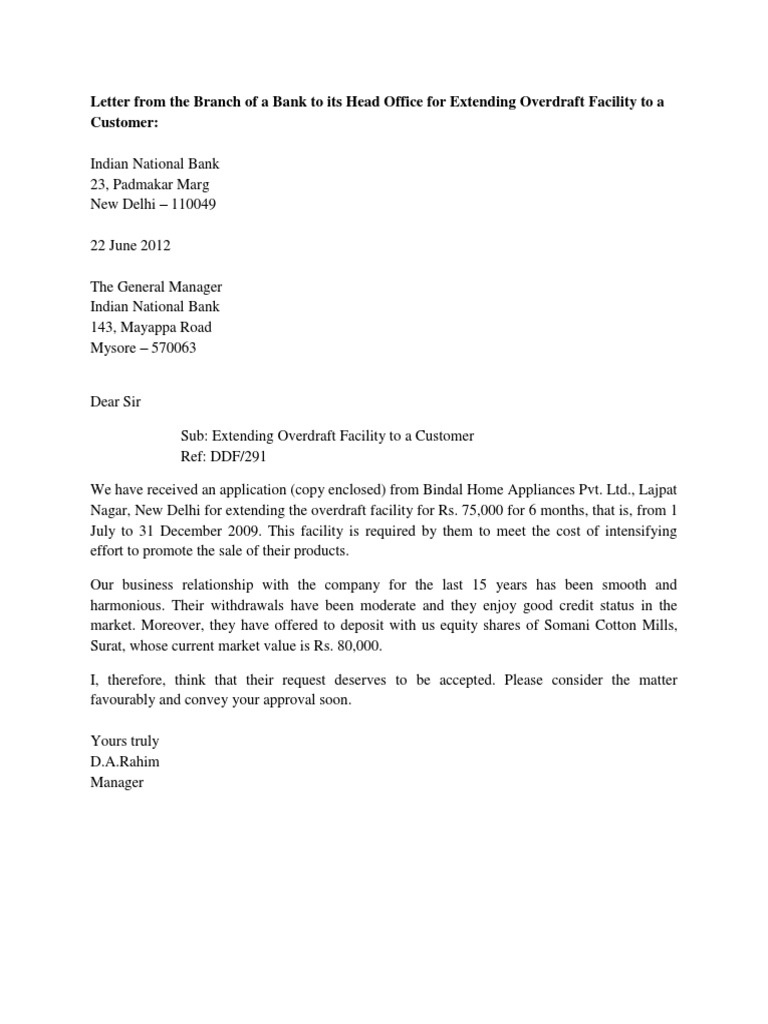 Letter From The Branch of A Bank To Its Head Office For Extending ...