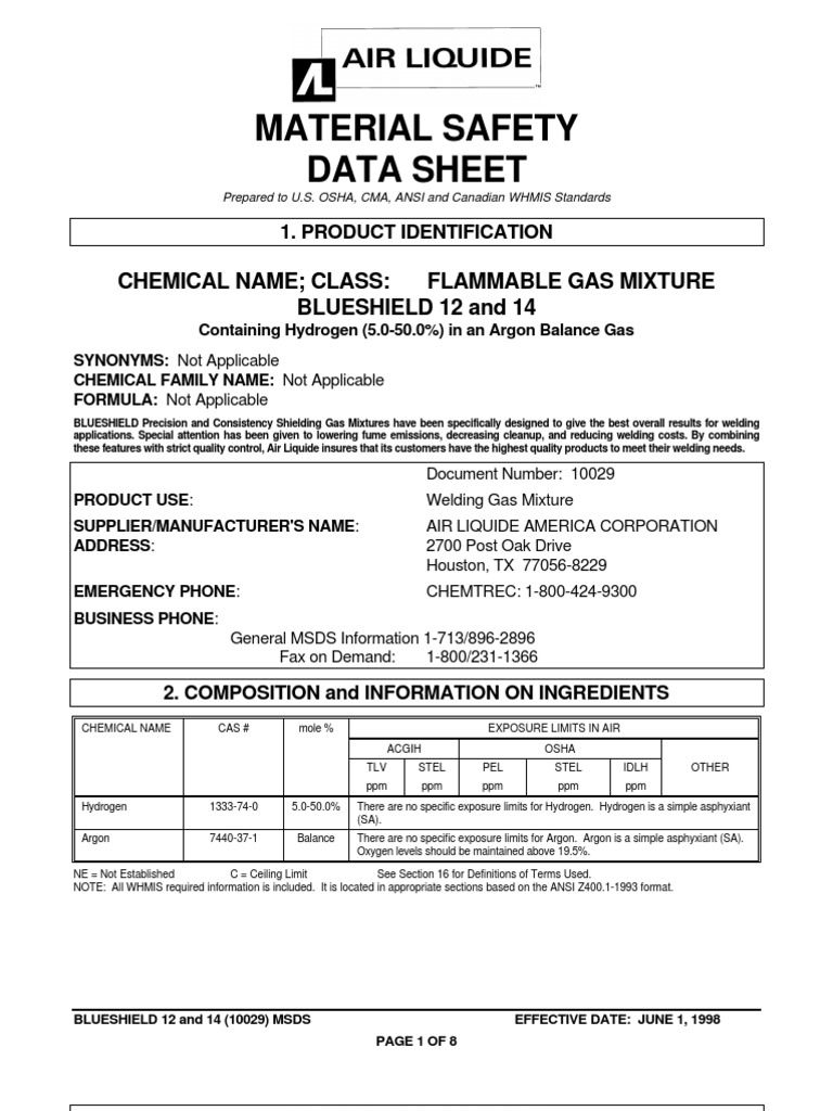Blue Shield 12 & 14 Msds | Dangerous Goods | Oxygen