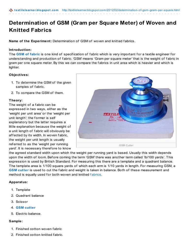 Determination of GSM (Gram Per Square Meter) of Woven and Knitted ...