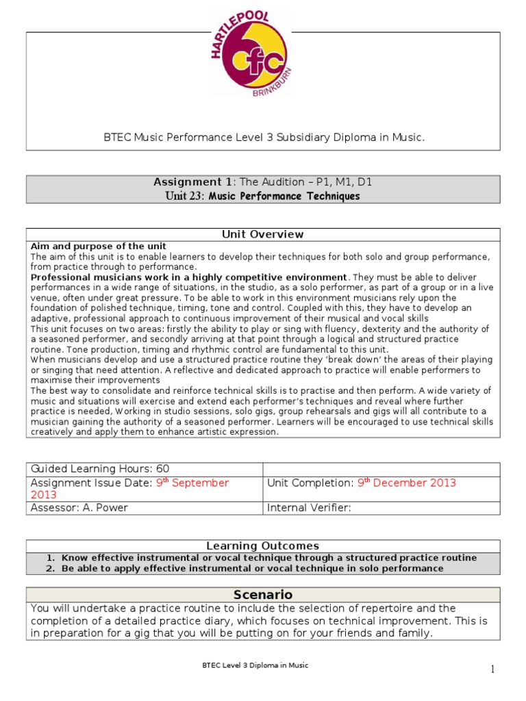 Unit 23:: Assignment 1: The Audition - P1, M1, D1 Music Performance ...