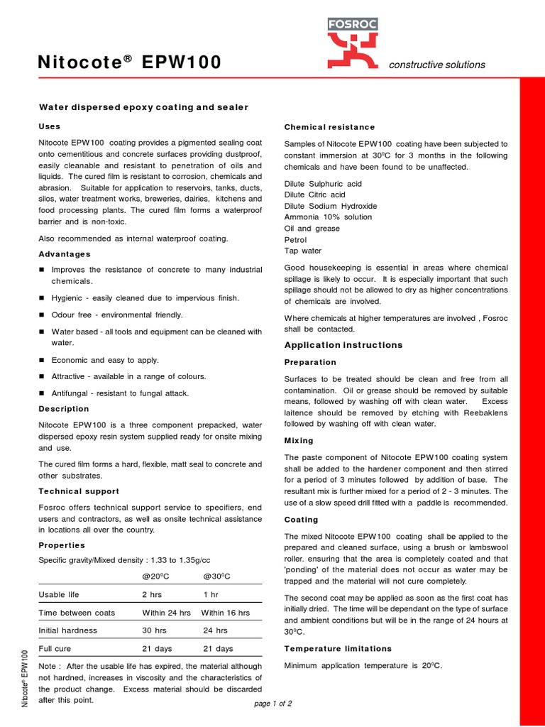 Nitocote EPW100: Water Dispersed Epoxy Coating and Sealer | PDF | Epoxy ...