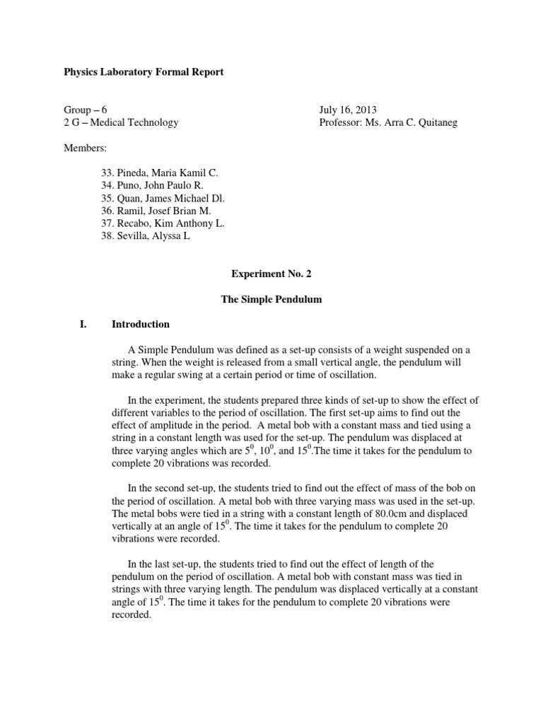 Physics Laboratory Formal Report | PDF | Pendulum | Oscillation