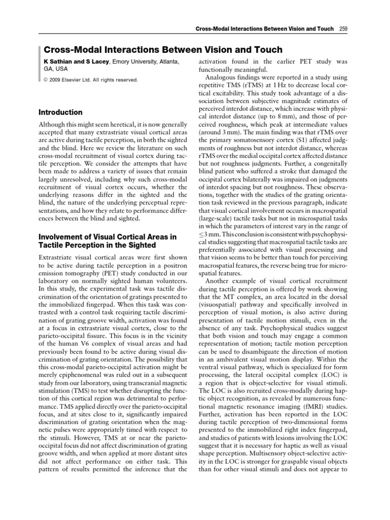 Cross-Modal Interactions Between Vision and Touch | PDF | Somatosensory ...