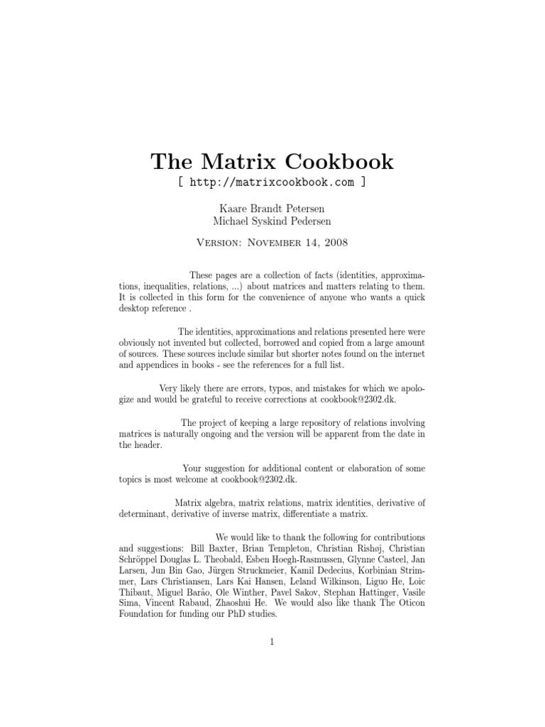 Matrix Cookbook | PDF | Matrix (Mathematics) | Eigenvalues And Eigenvectors