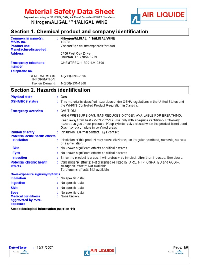 Nitrogen Msds | PDF | Personal Protective Equipment | Dangerous Goods