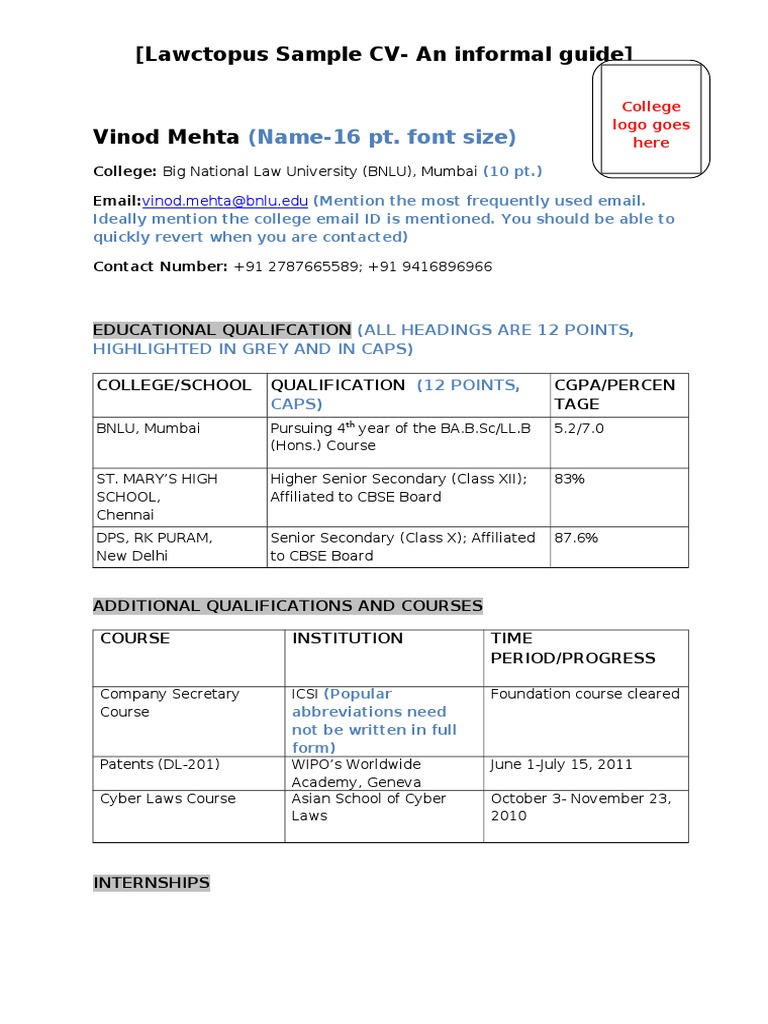 (Name-16 Pt. Font Size) : (Lawctopus Sample CV-An Informal Guide) | PDF