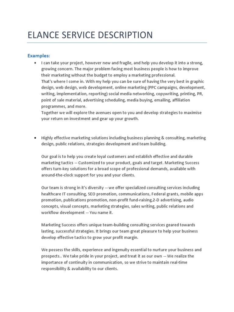 Elance Service Description | PDF | Business Plan | Marketing