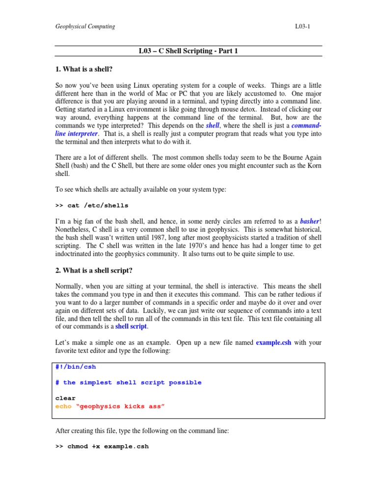 L03 C Shell Scripting Part 1 1 What Is A Shell Shell Command Line Interpreter Pdf 