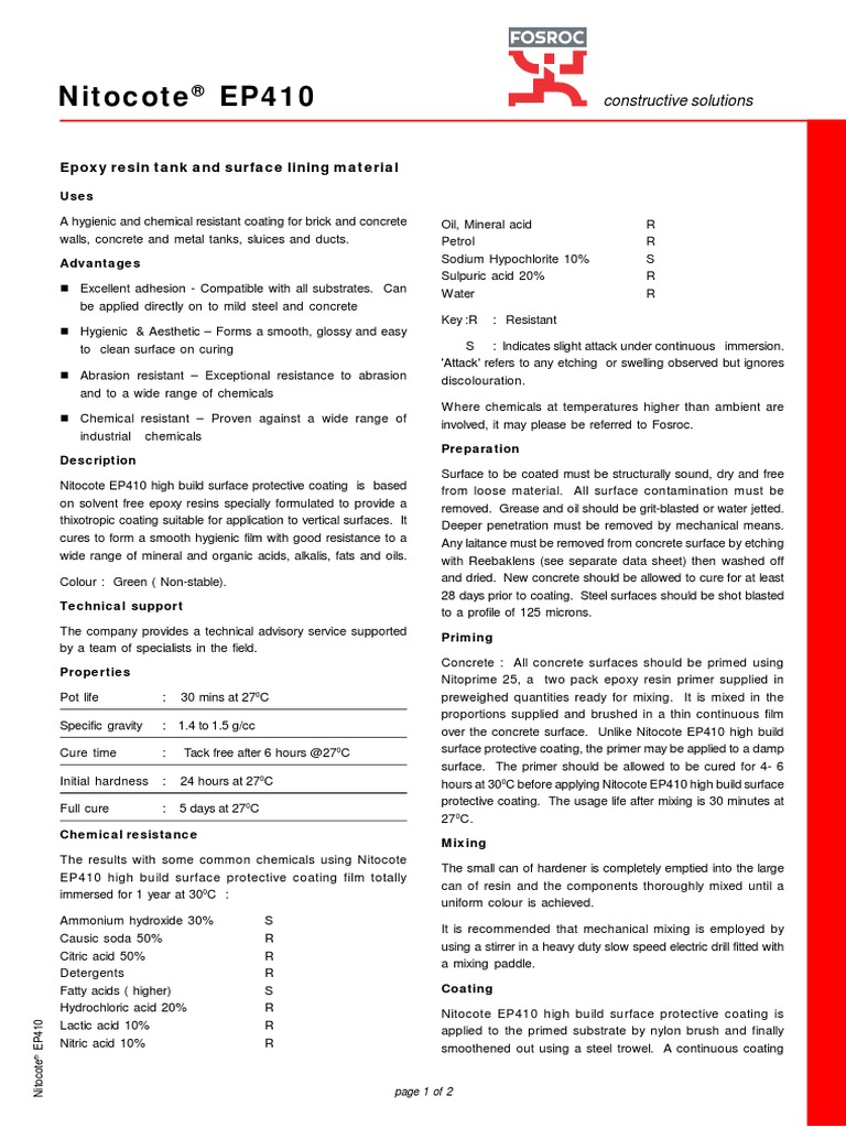 Nitocote EP410: Epoxy Resin Tank and Surface Lining Material | PDF ...