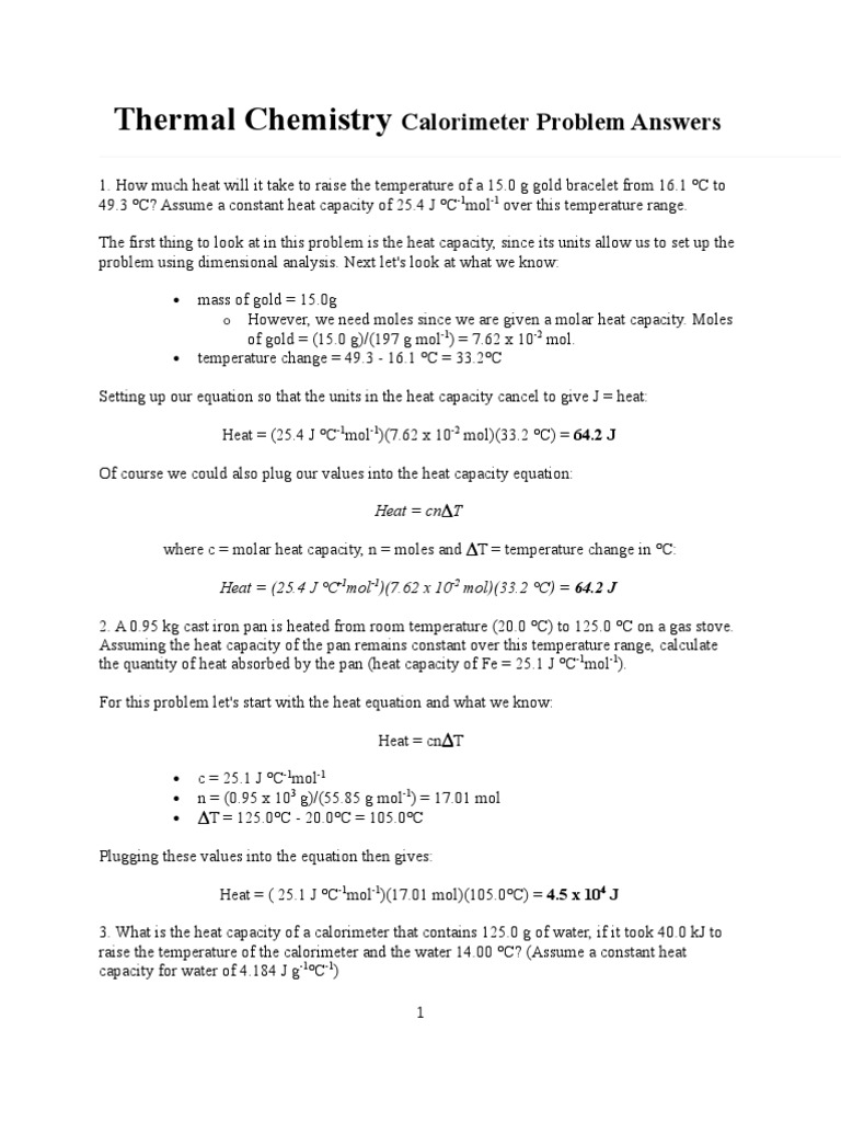 Thermal Chemistry Calorimeter Problem Answers | PDF | Mole (Unit ...