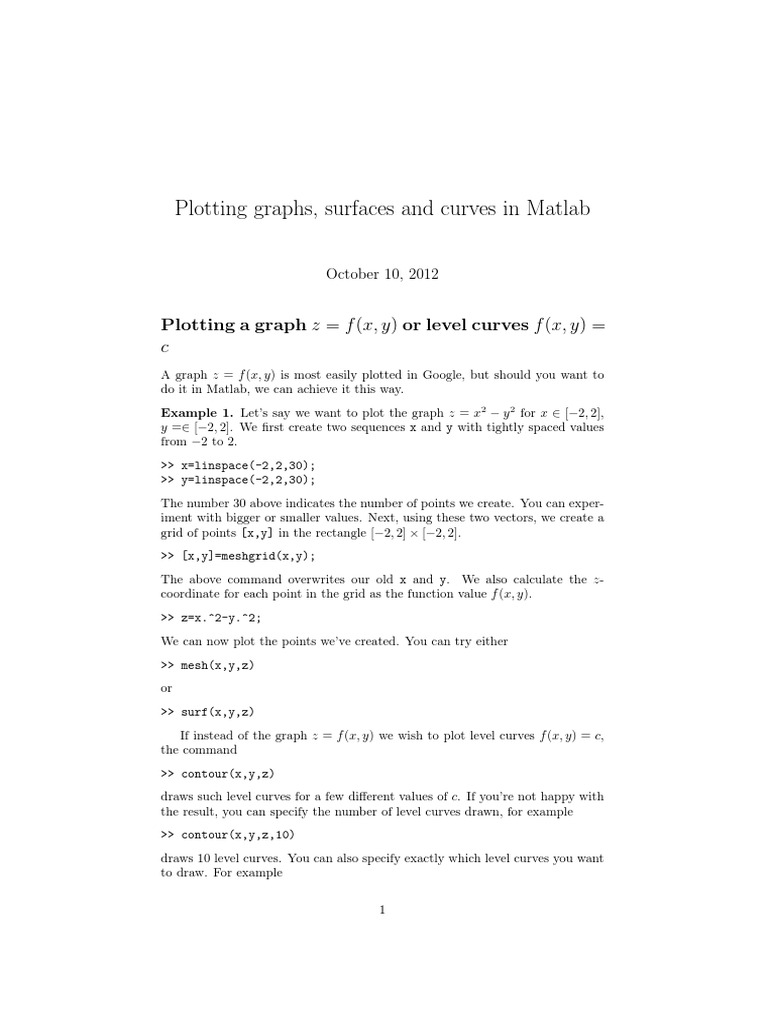 Plotting Graphs, Surfaces and Curves in Matlab: Plotting A Graph Z F (X, Y) or Level Curves F (X ...