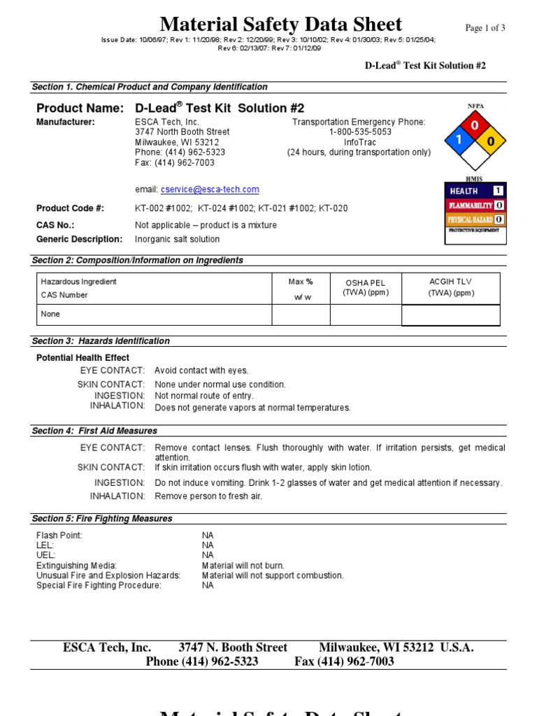D-Lead Test Kit Soultion 2 Msds | PDF | Properties Of Water | Water