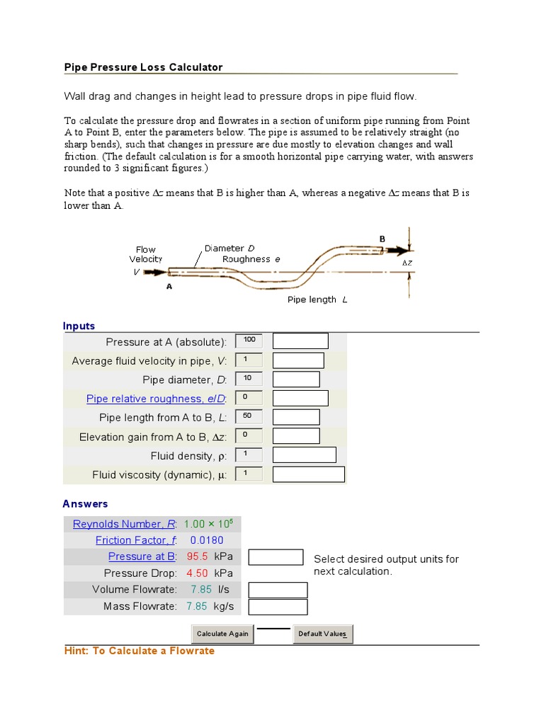 Pipe Pressure Loss Calculator: Calculating Pressure Drop and Flowrates ...
