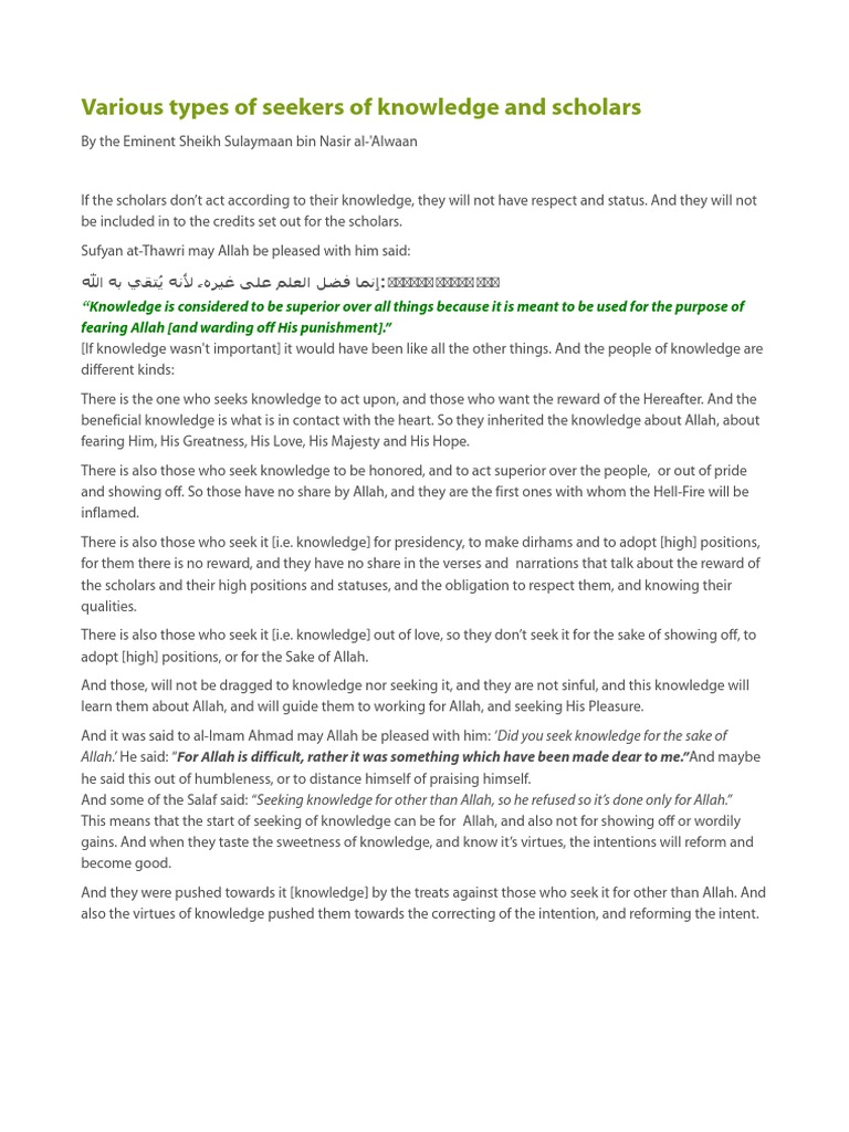 Various Types of Seekers of Knowledge and Scholars | PDF | Religious ...