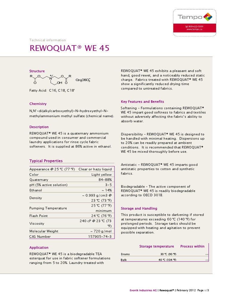 Rewoquat We 45 TDS 12 02 01 | Download Free PDF | Sodium Chloride | Water