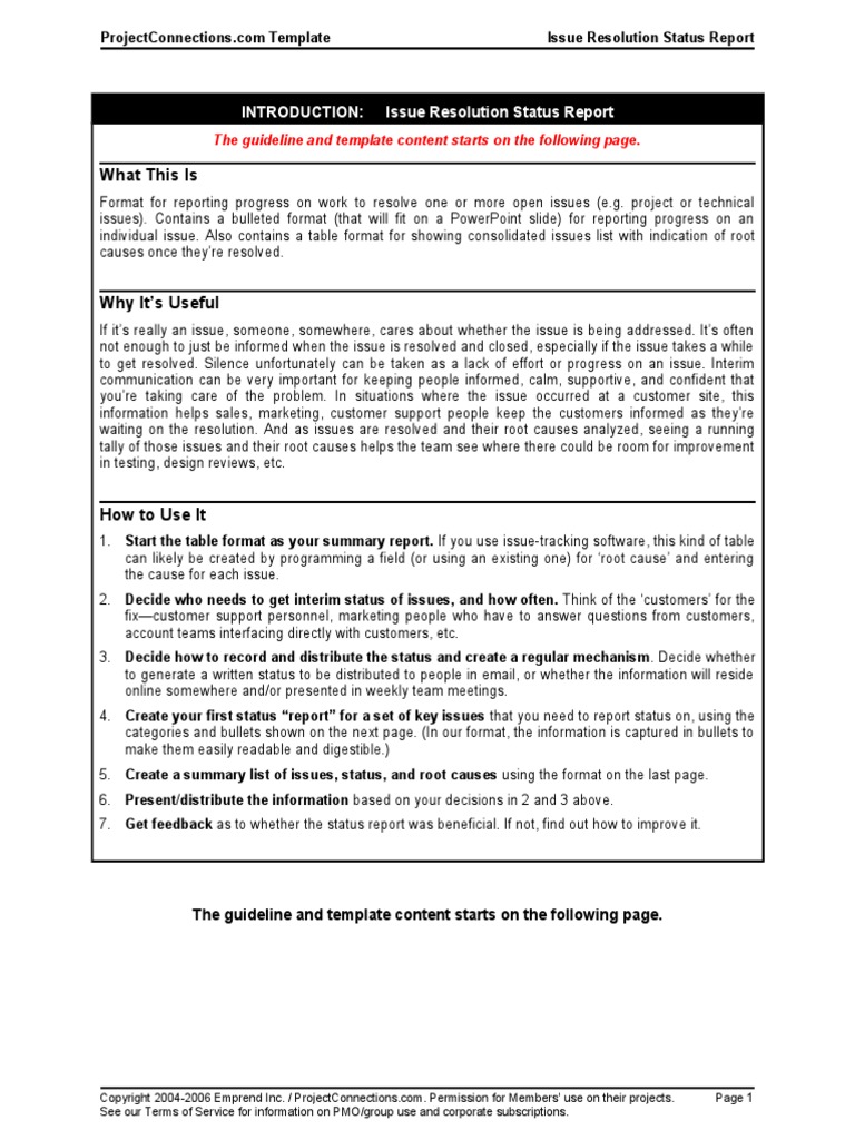 Issue Resolution Status Report | Information | Software
