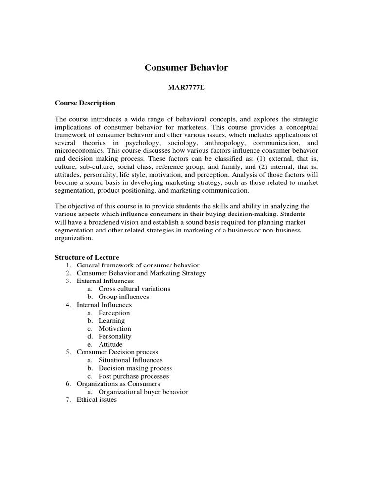 Syllabus Consumer Behavior | PDF | Consumer Behaviour | Strategic ...