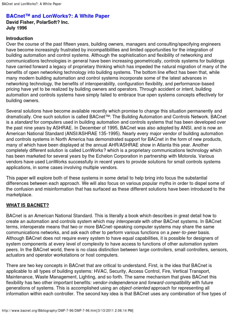 BACnet and LonWorks - A White Paper | PDF | Communications Protocols ...