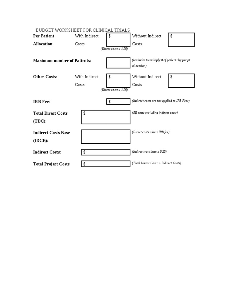 Per Patient Allocation:: Budget Worksheet For Clinical Trials With ...