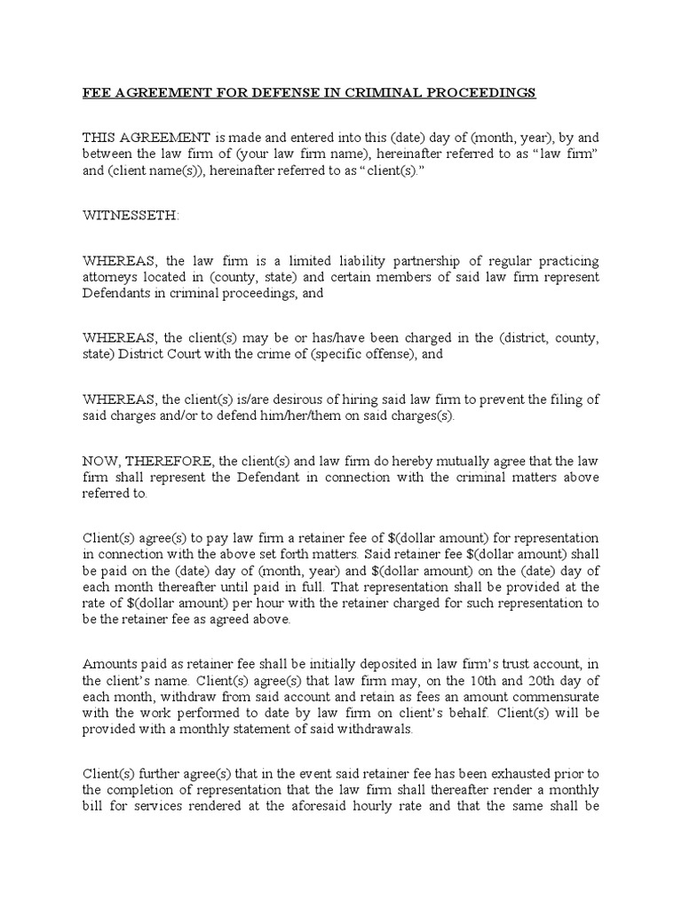 Fee Agreement For Defense in Criminal Proceedings | PDF | Law Firm | Fee