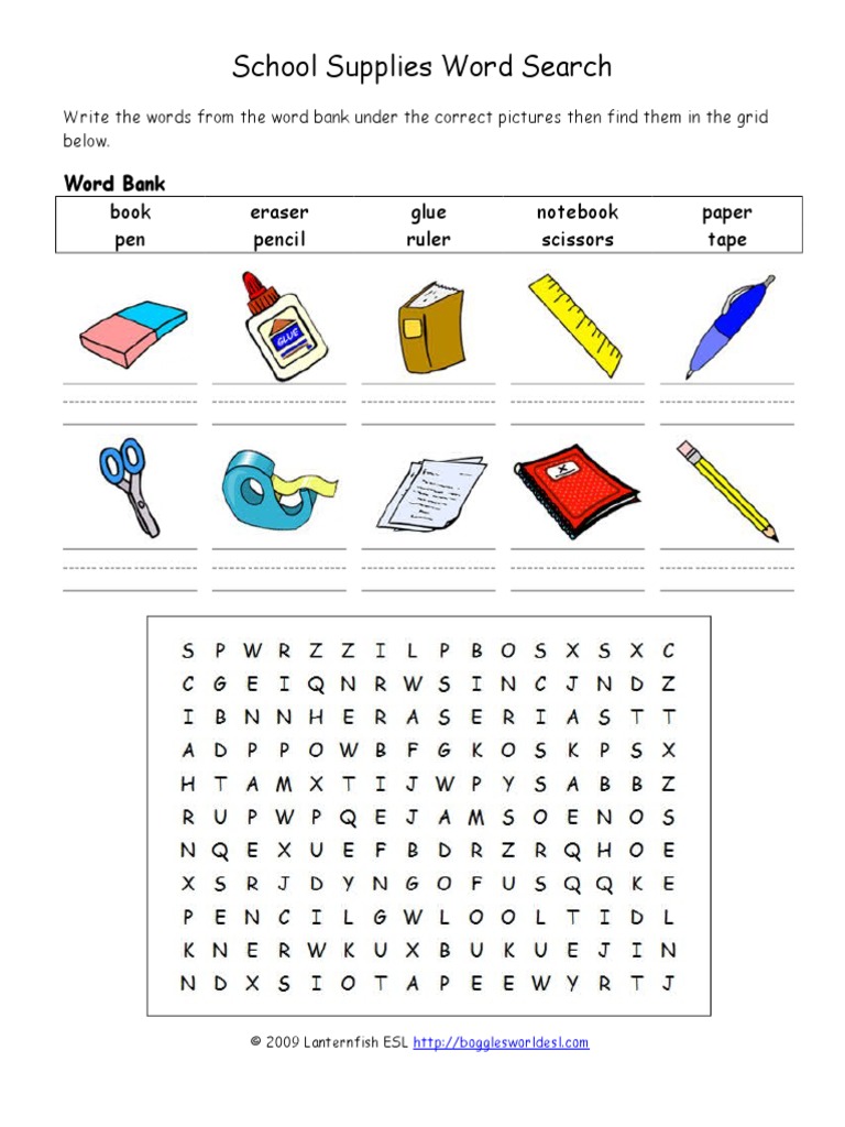 School Supplies Word Search Activity | PDF | Language Arts & Discipline