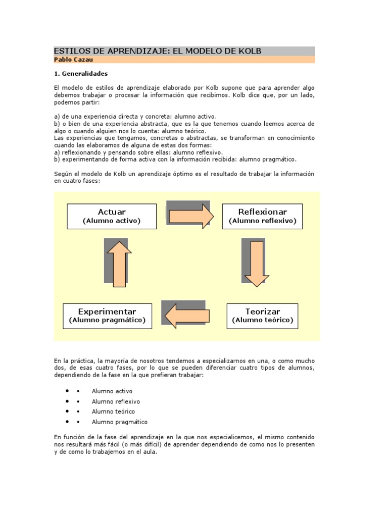 Estilos de aprendizaje según el modelo de Kolb: caracterización de los cuatro estilos y sus ...