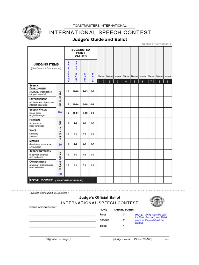 International Speech Contest: Judge's Guide and Ballot | PDF | Public ...
