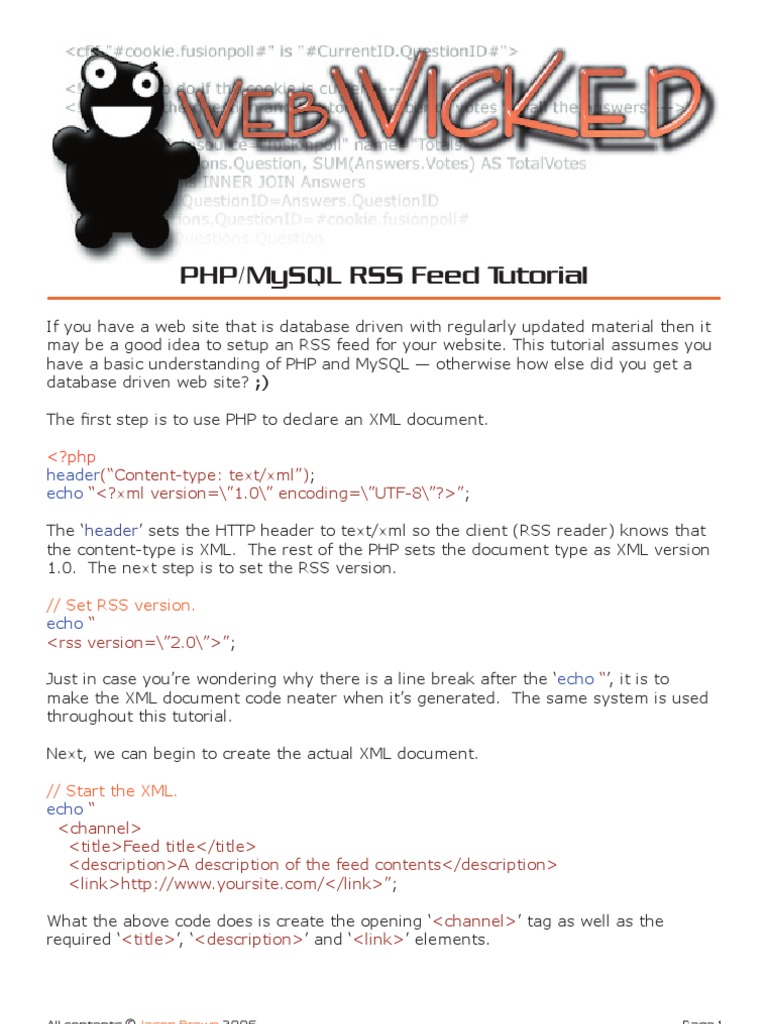 Phpmysql Rss Feed Tutorial Header Echo Pdf Php Databases
