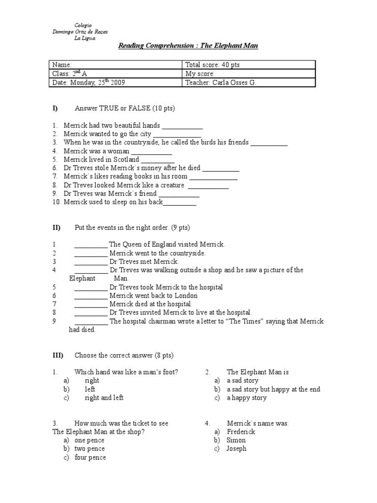 Readin G Comprehension: The Elephant Man: Colegio Domingo Ortiz de ...