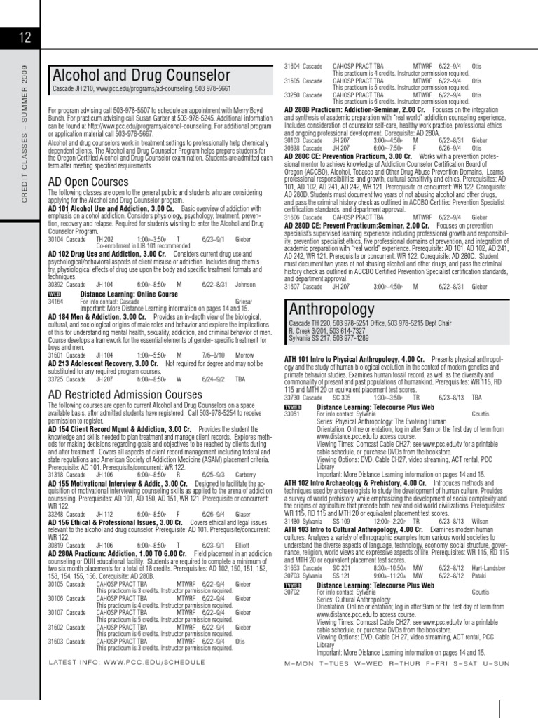 PCC 2009 Summer Schedule: Credit Classes | PDF | Substance Abuse | Design