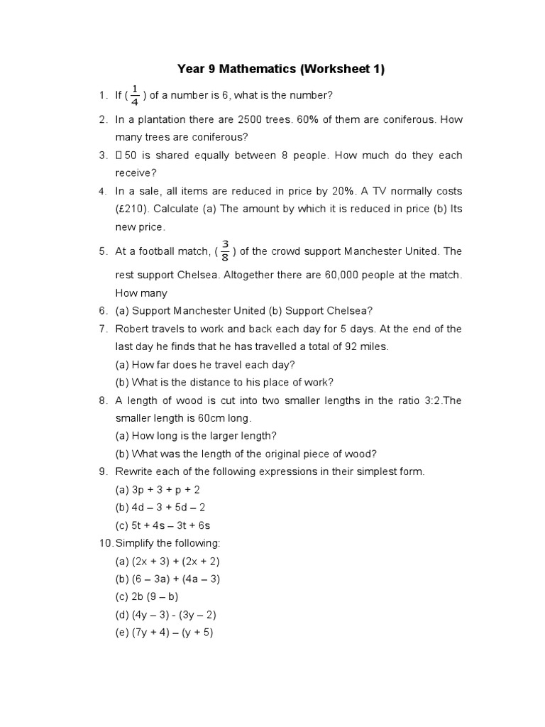 Year 9 Mathematics (Worksheet 1)