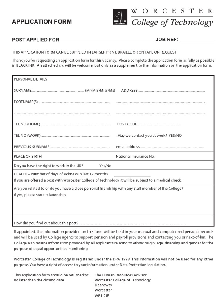 Application Form: Post Applied For Job Ref | PDF | Criminal Record | Disability