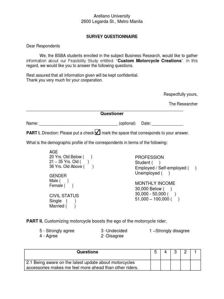 Survey Questionaire | PDF | Motorcycle | Questionnaire