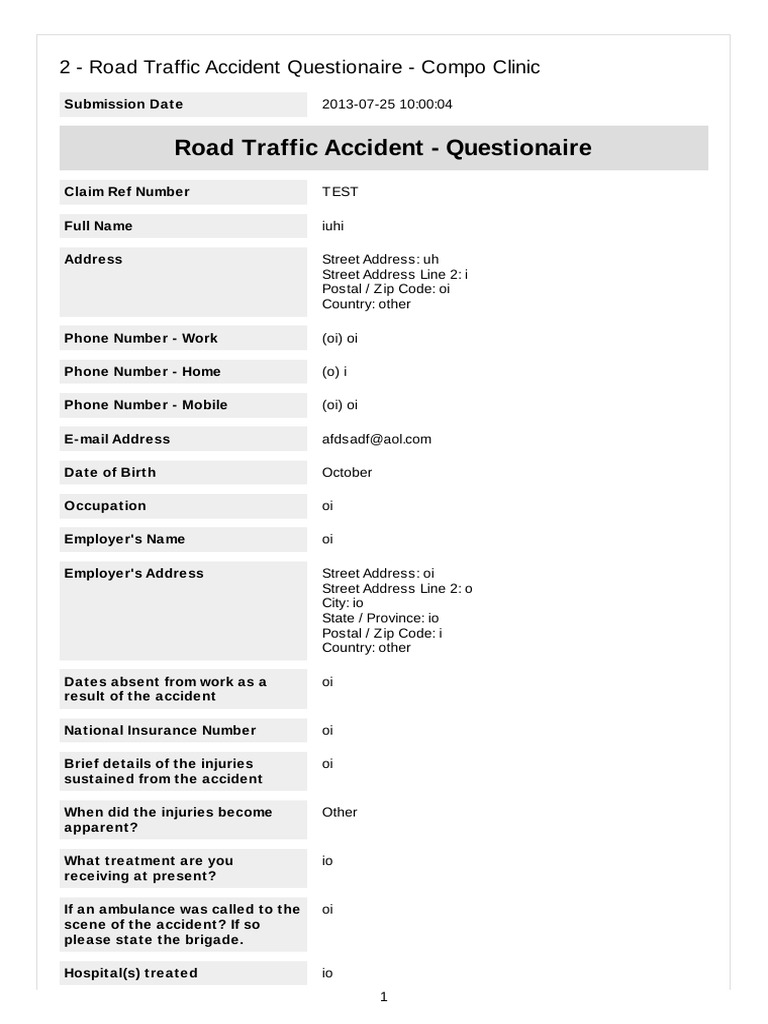 2 - Road Traffic Accident Questionaire - Compo Clinic | PDF | Address ...