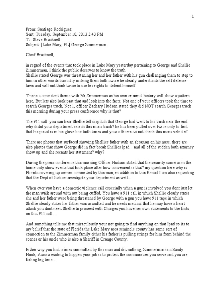 Zimmerman: The Entire E-Mail Exchange Between Lake Mary Chief of Police ...