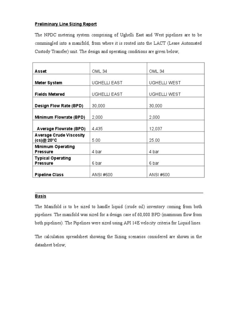 Preliminary Line Sizing Report | PDF