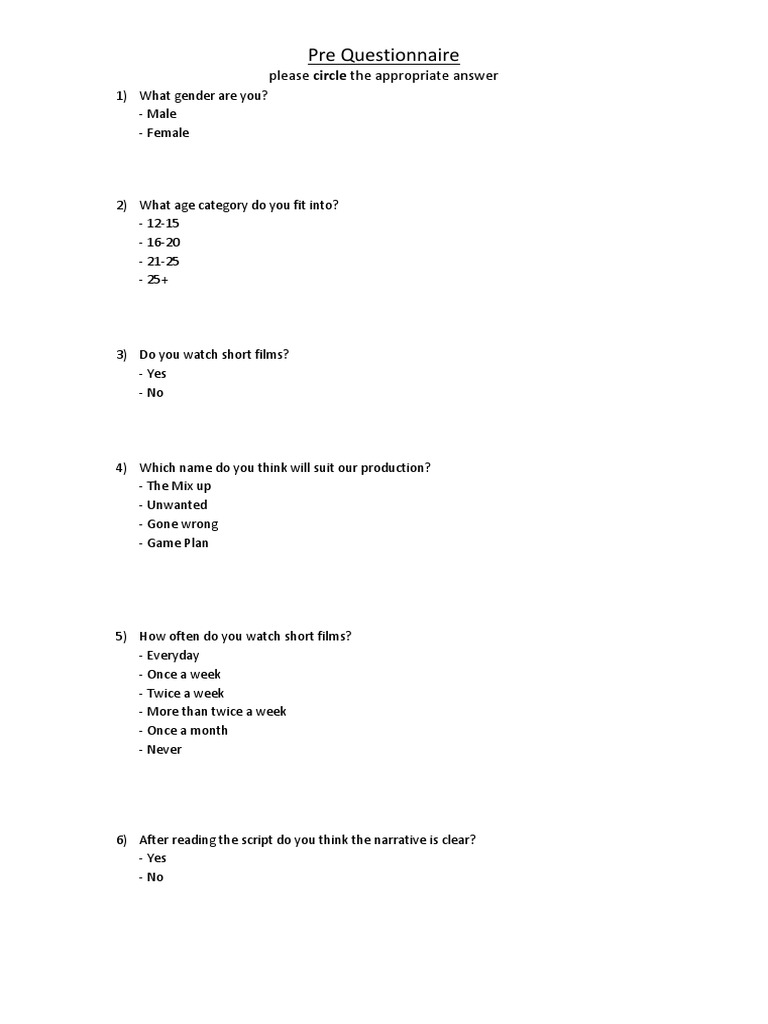 Pre Questionnaire: Please Circle The Appropriate Answer | PDF
