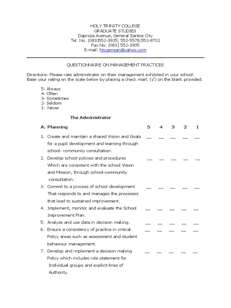 Management Practices Questionnaire | PDF | Teachers | Sharing