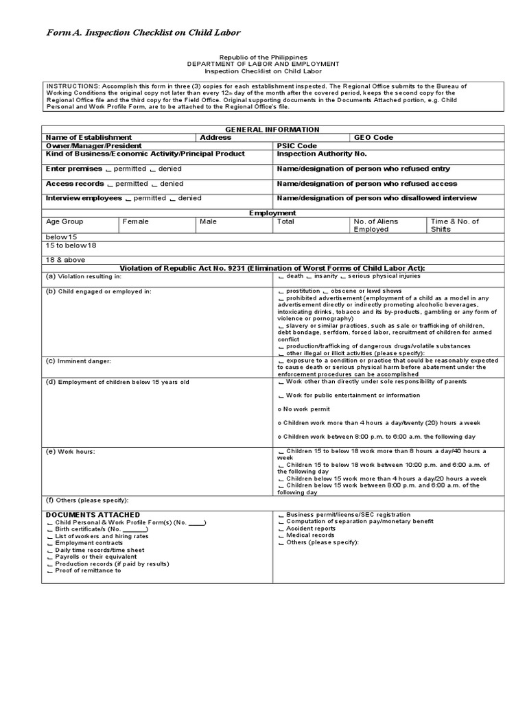 Form A. Inspection Checklist On Child Labor | PDF | Child Labour ...