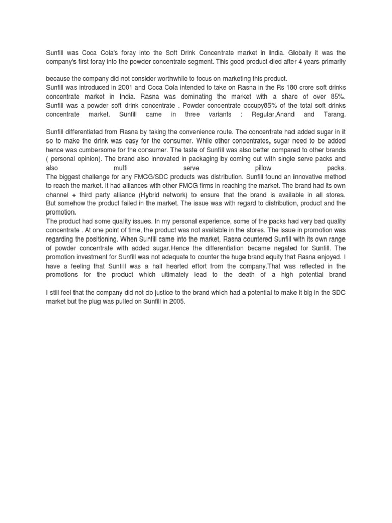 Coca-Cola's Sunfill: Soft Drink Concentrate Failure | PDF | Coca Cola ...