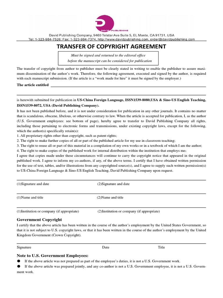 Transfer of Copyright Agreement | PDF | Copyright | Publishing