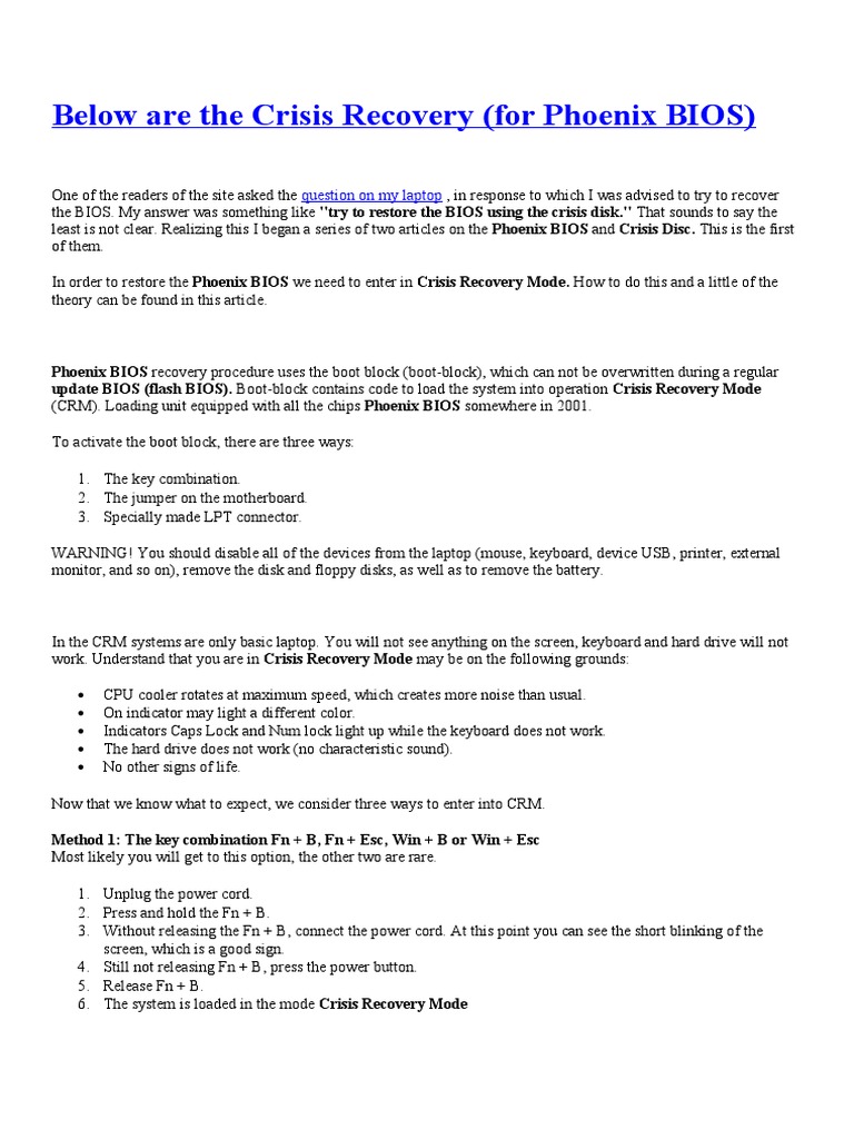 Phoenix BIOS Crisis Recovery | PDF | Bios | Laptop