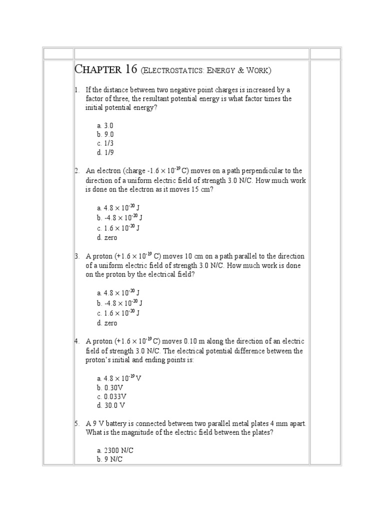 Electrostatics Questions Energy and Work With Answers | PDF | Capacitor ...