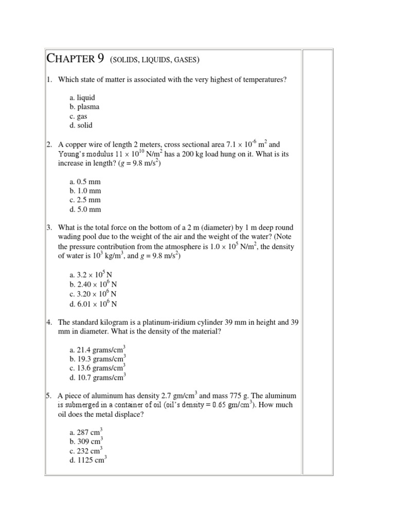 Questions On Solids, Liquids and Gases in Physics With Answers ...