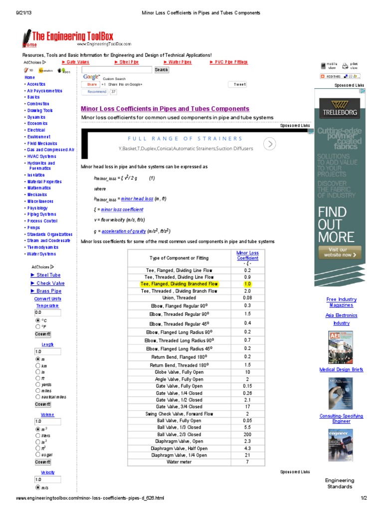 Minor Loss Coefficients in Pipes and Tubes Components | PDF | Pipe ...