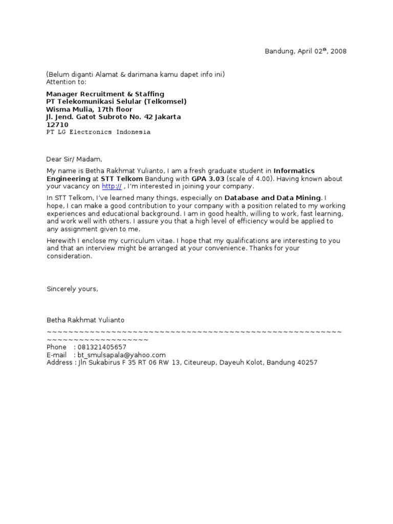 Application Letter for Telkomsel Position | PDF