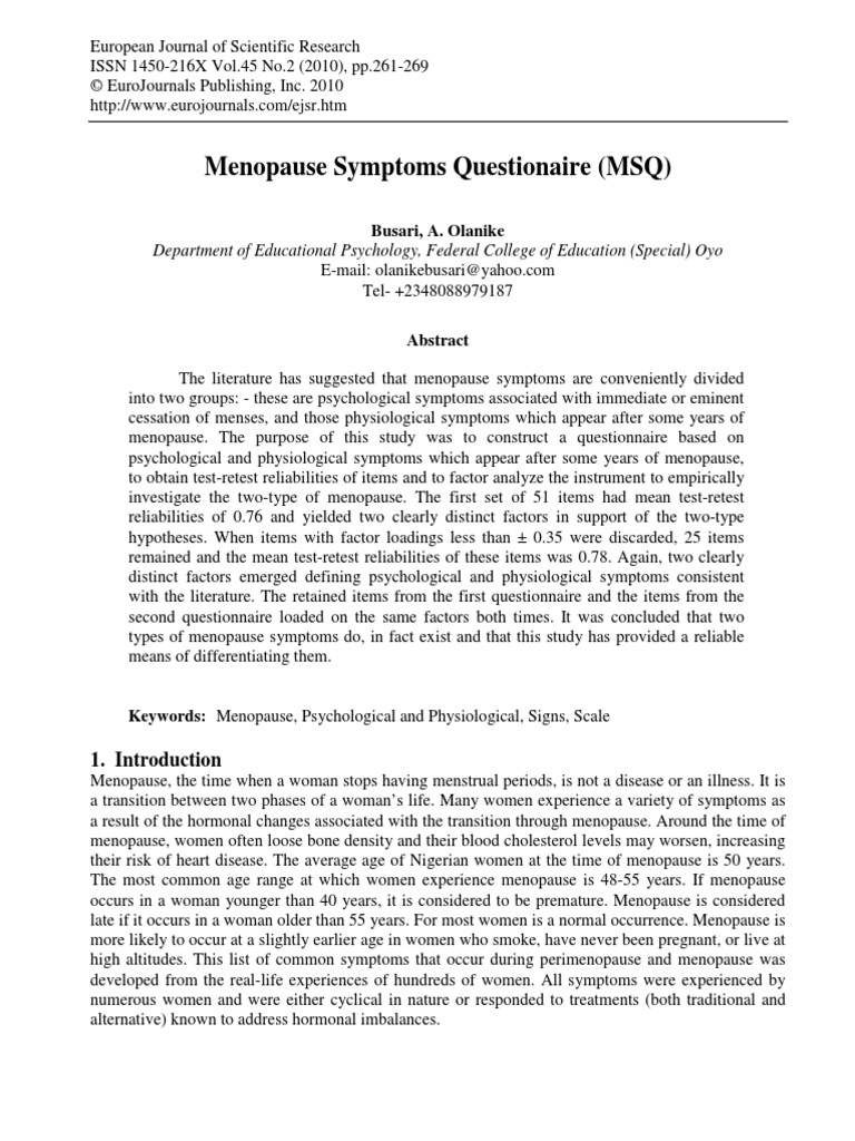 Menopause Symptoms Questionaire (MSQ) | PDF | Menopause | Menstruation